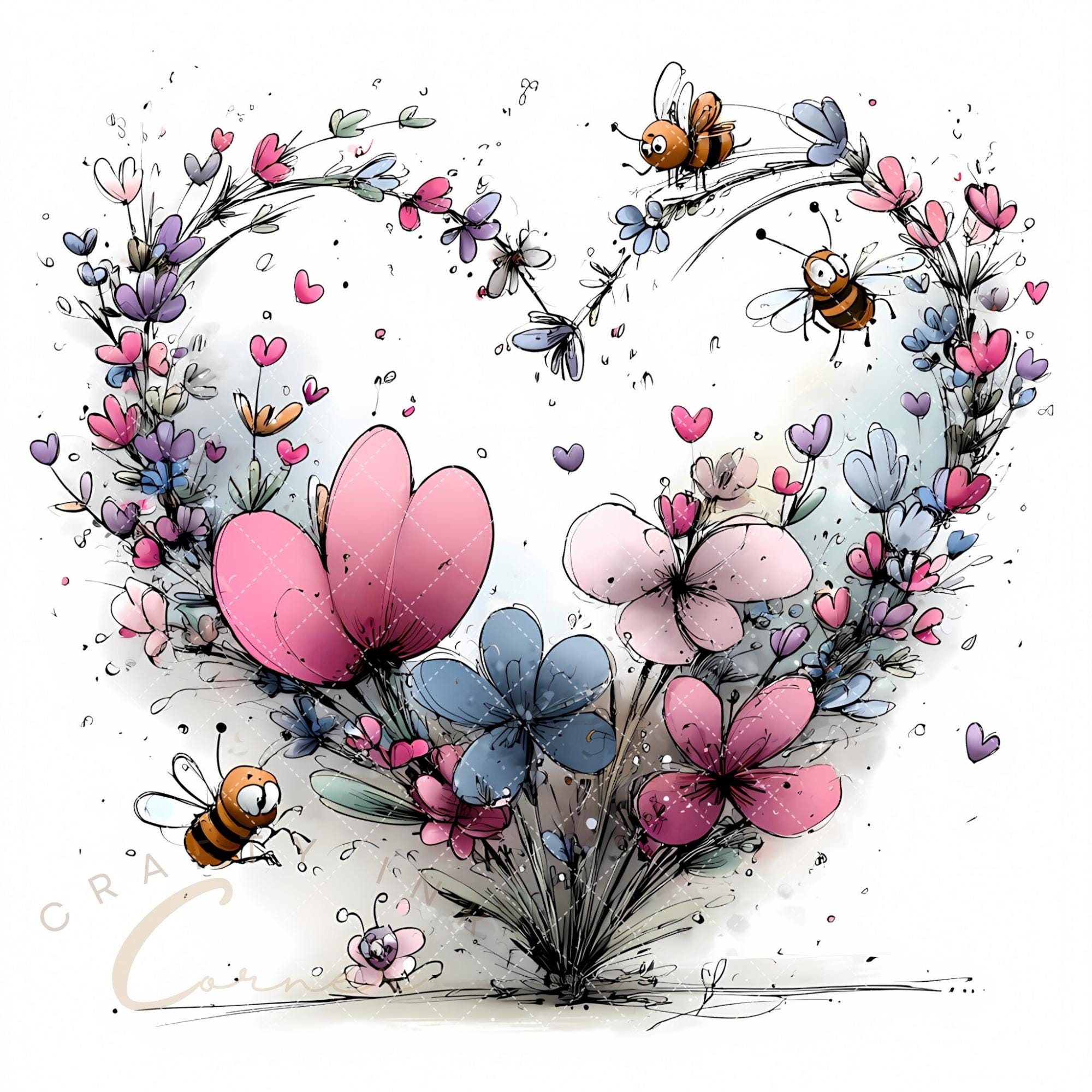 45 JPG Whimsical Floral Hearts Clipart: Valentine Day Graphics (digital ...