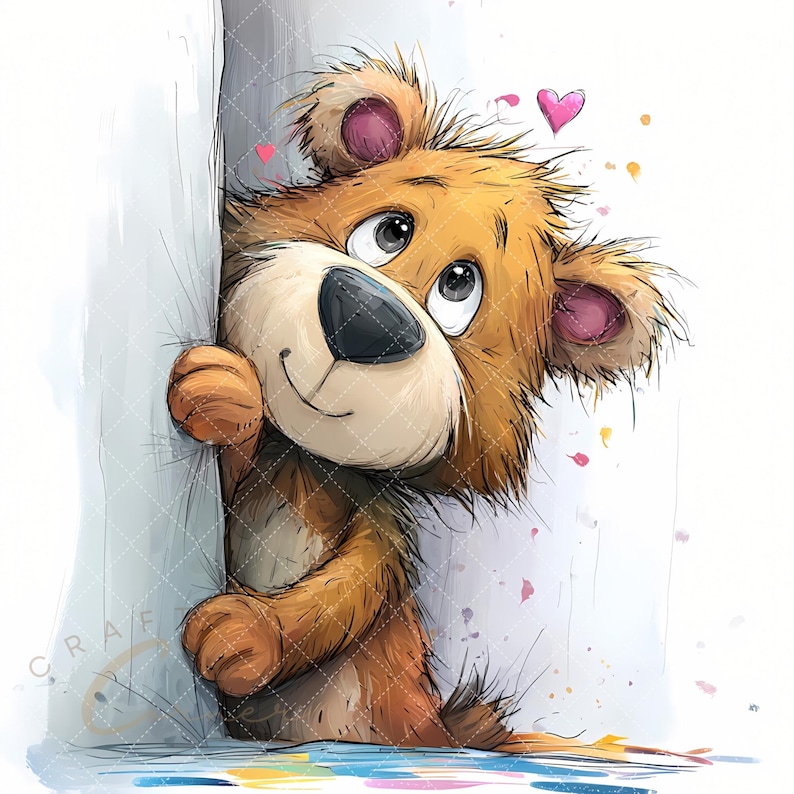 37 JPG Whimsical Valentine Peeking Teddy Bear Clipart – Cute Watercolor ...