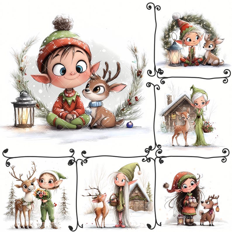 Elf and Reindeer Christmas Clipart: Festive Holiday Graphics (digital ...