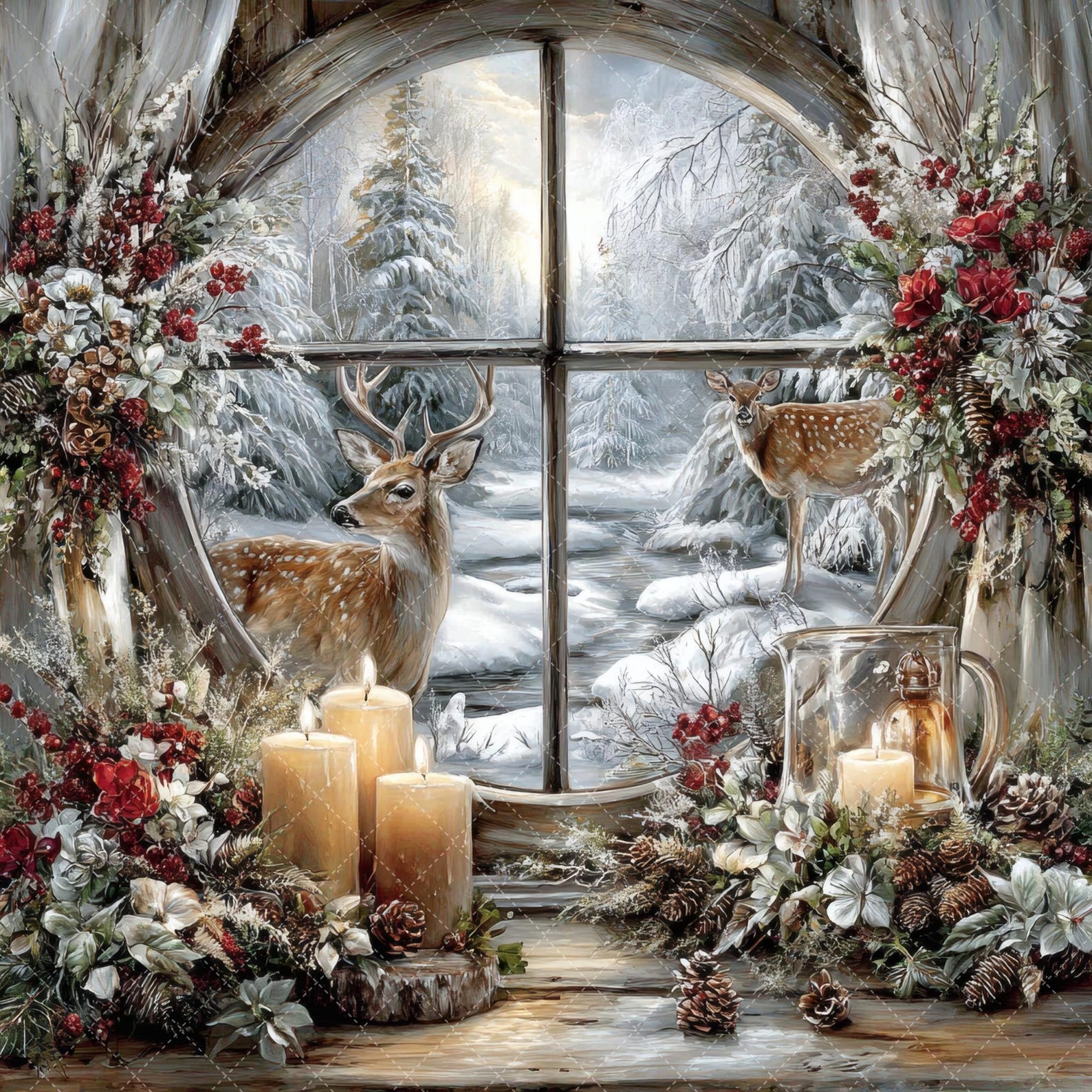 30 Watercolor Vintage Christmas Window | Printable Watercolor Clipart ...