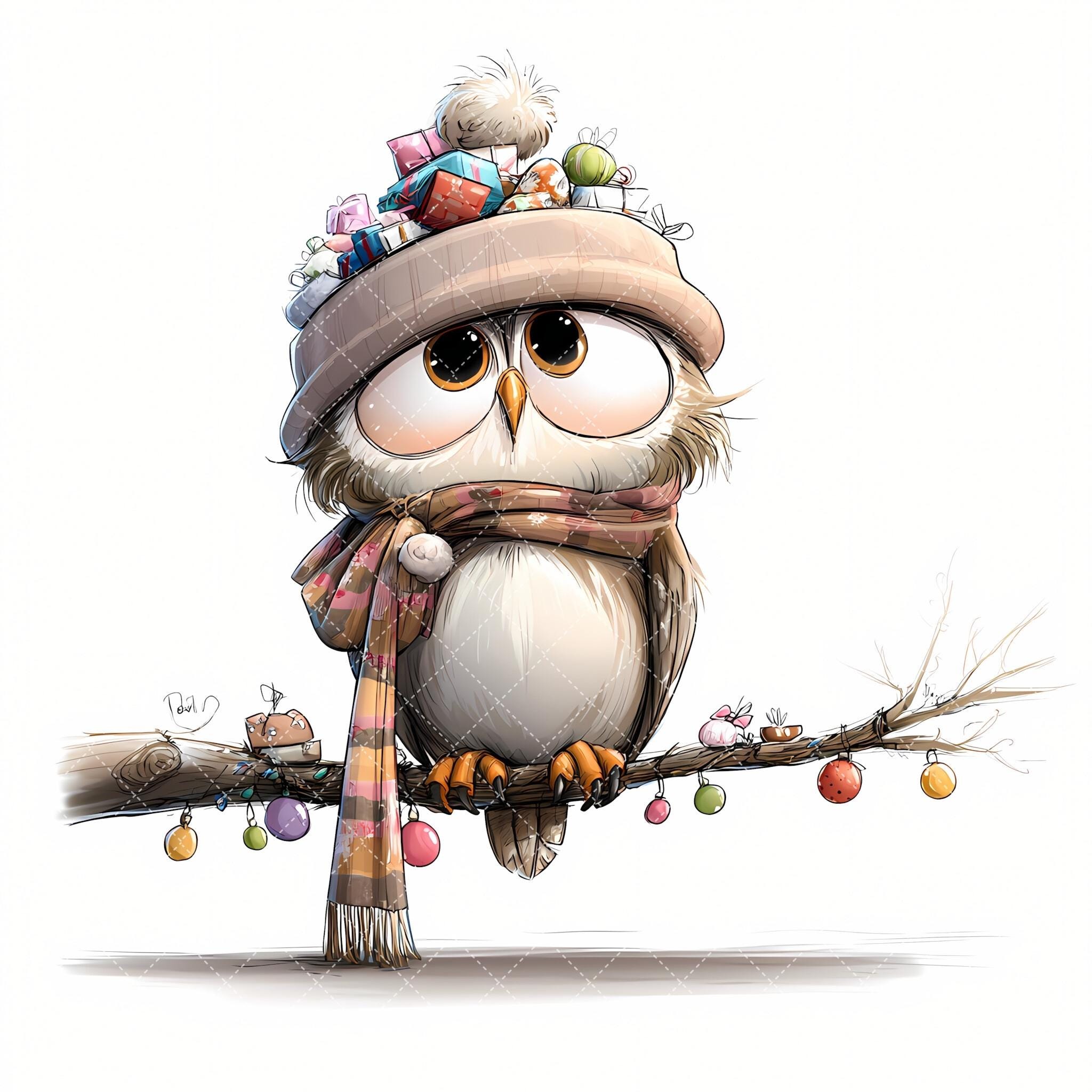 25 Christmas Bird Owls Clipart Set: Watercolor Jpgs Images (digital ...
