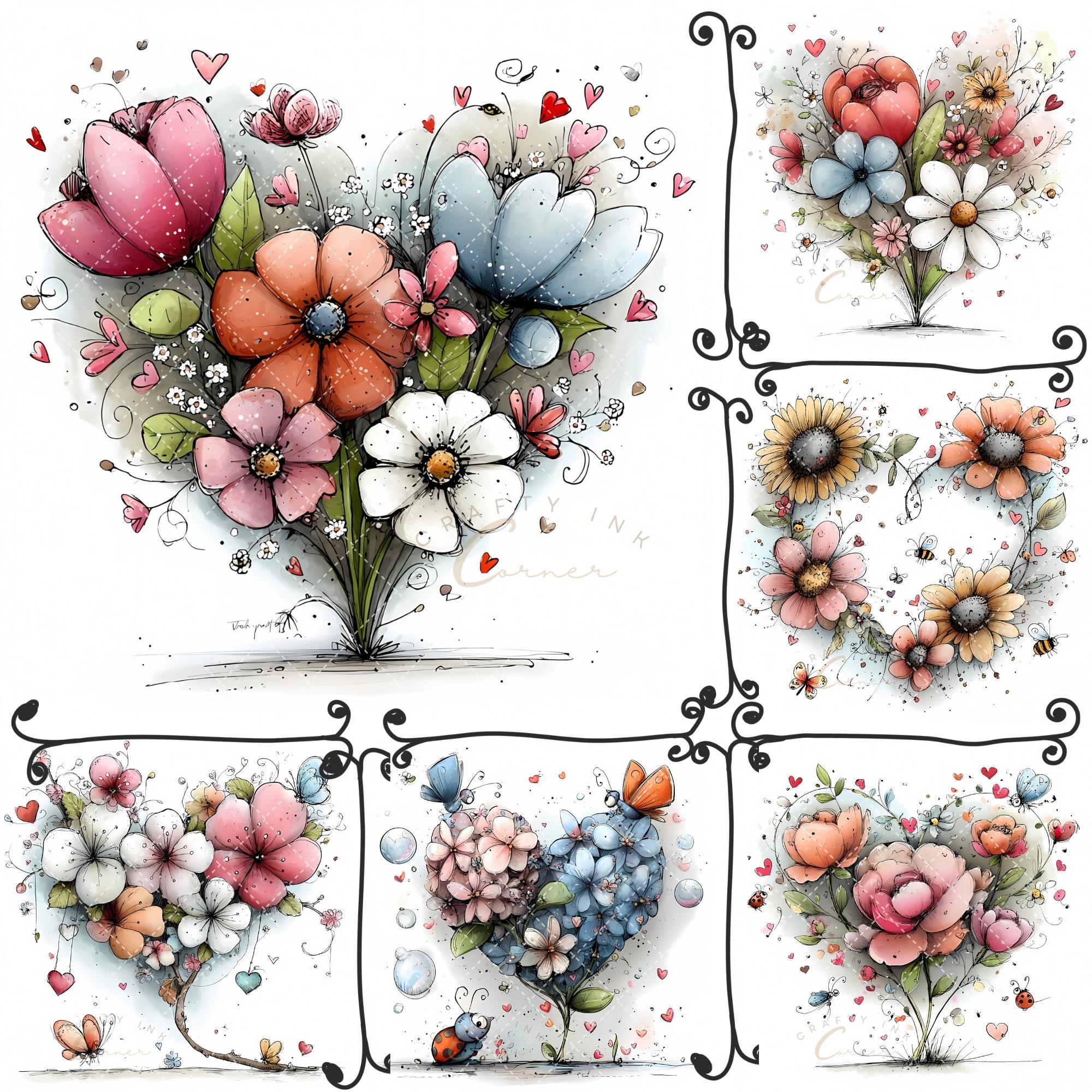 45 JPG Whimsical Floral Hearts Clipart: Valentine Day Graphics (digital ...