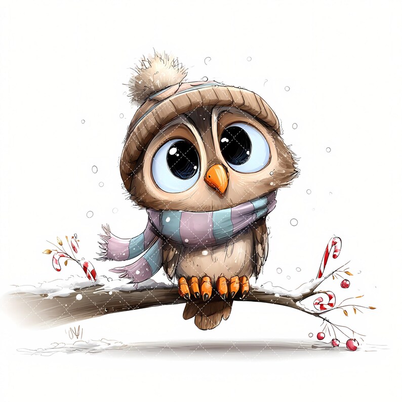25 Christmas Bird Owls Clipart Set: Watercolor Jpgs Images (digital ...