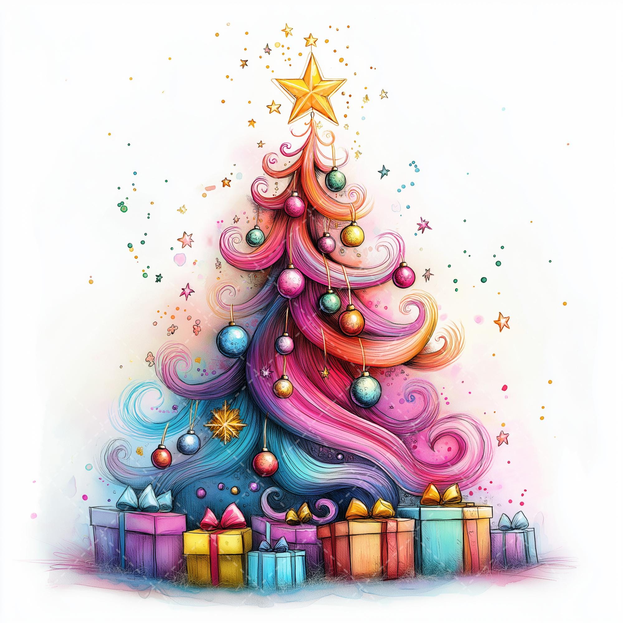 16 Whimsical Christmas Tree Clipart, Quirky Christmas Clipart, JPG ...