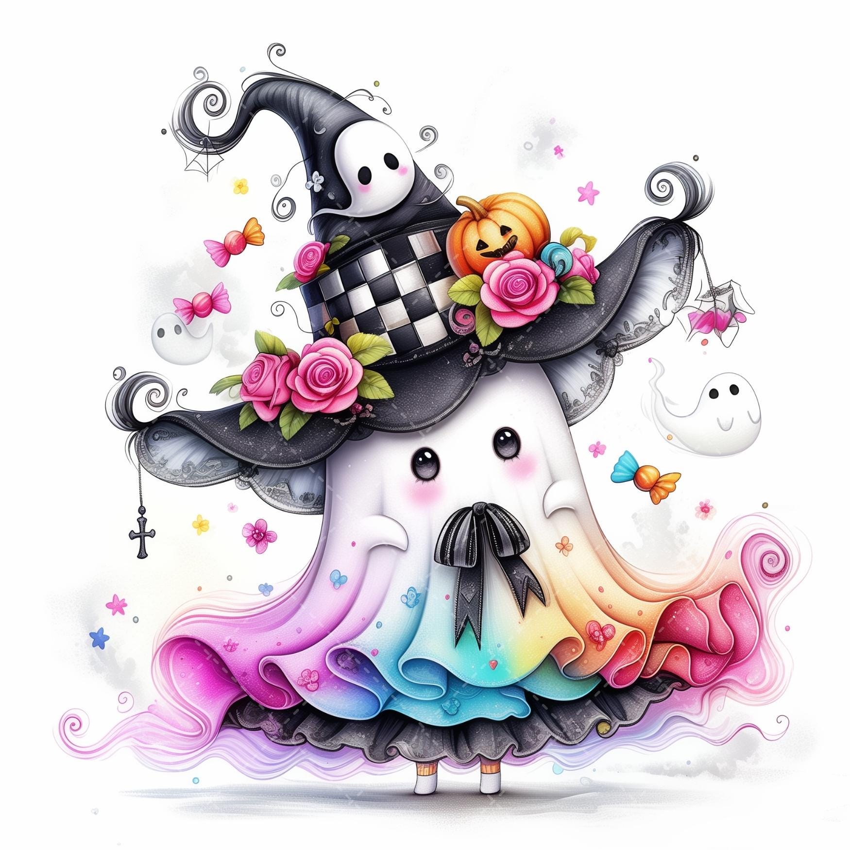 Cute Ghost Halloween Clipart, Girl Halloween Clipart, Pastel Watercolor ...