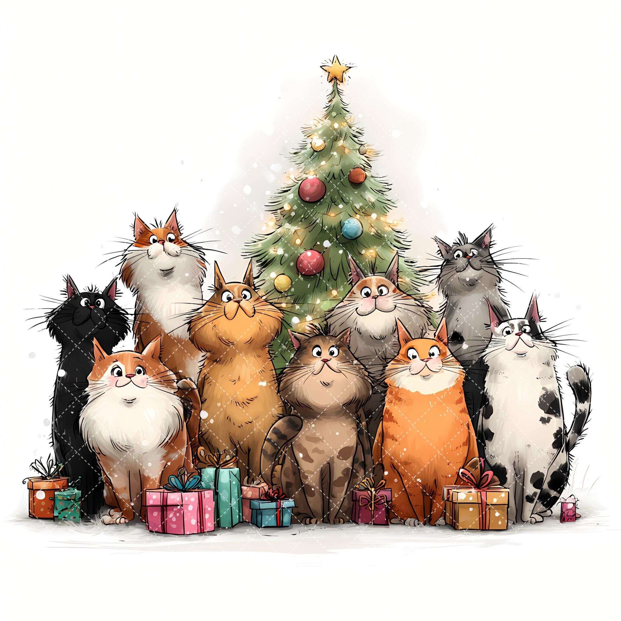 Whimsical Cats Christmas Tree Clipart: Cute Festive Graphics (digital ...