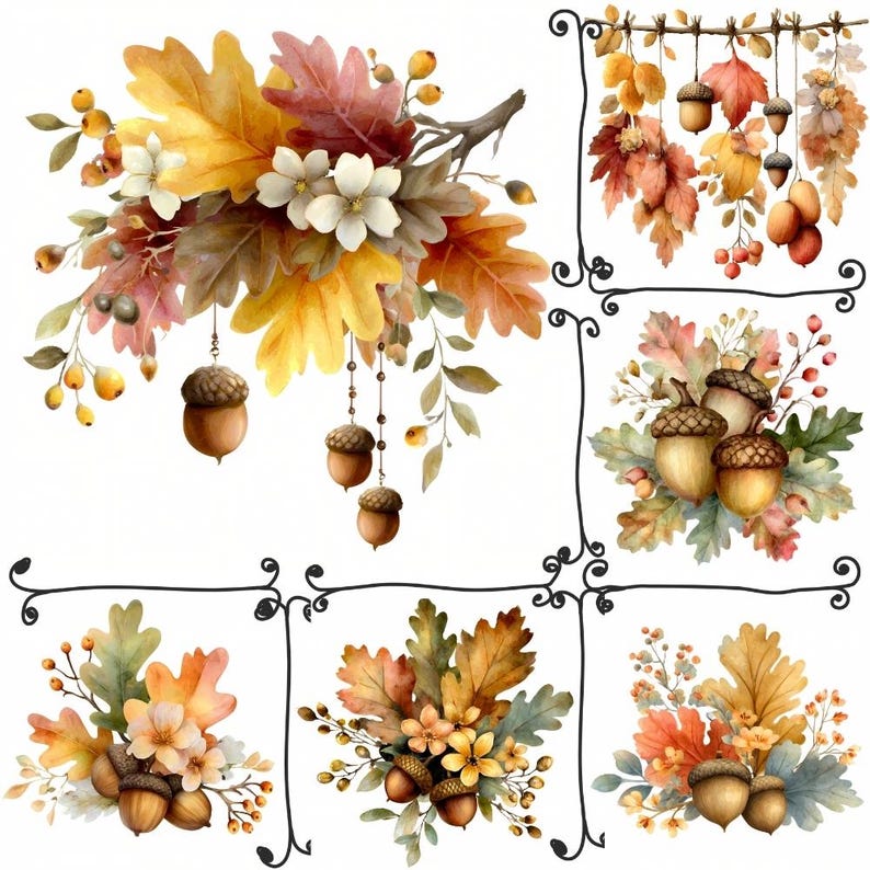 83 JPG Watercolor Fall Leaves & Acorn Cliparts, Autumn Borders Clipart ...