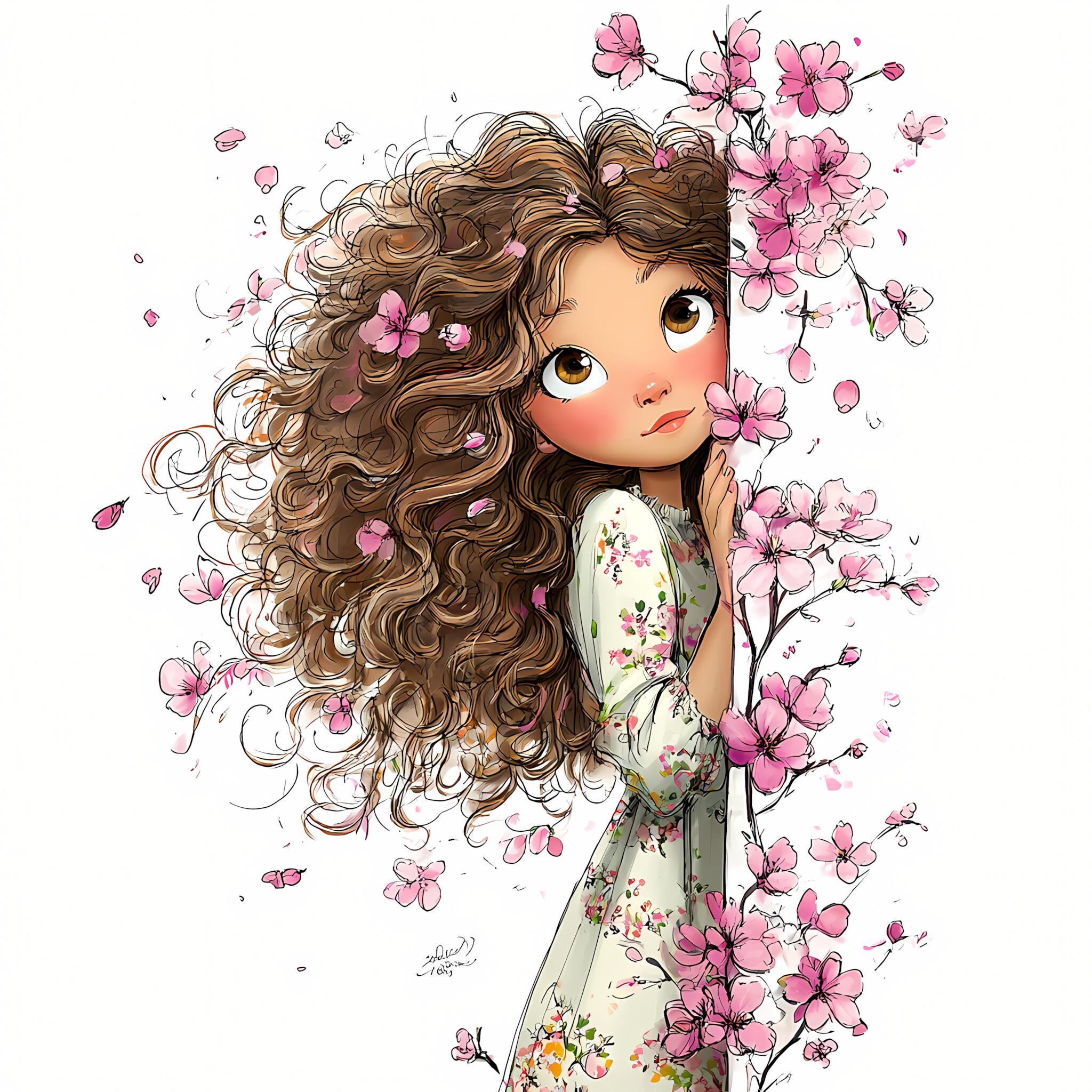 52 JPG Whimsical Peeking Girl Clipart – Girl and Flowers, Girl Hidden ...