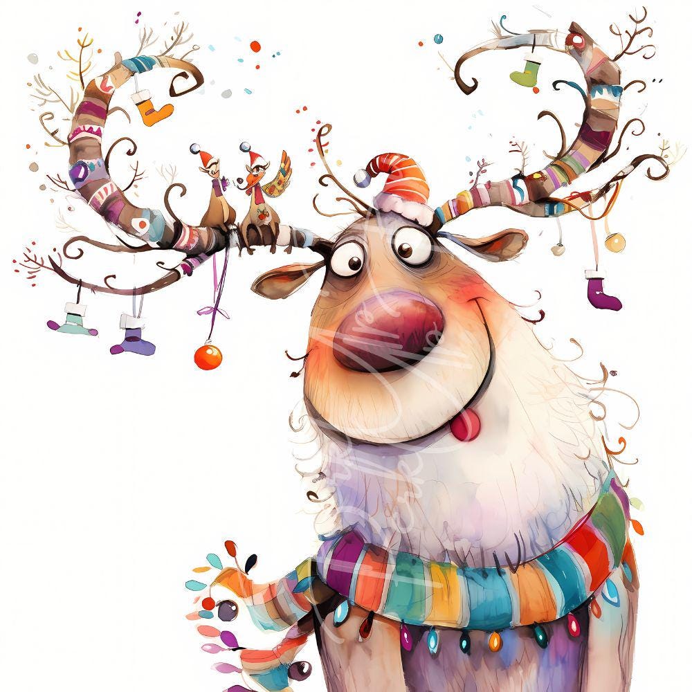 21 Quirky Clipart, Christmas Reindeers, Watercolor Clipart JPG, Junk ...
