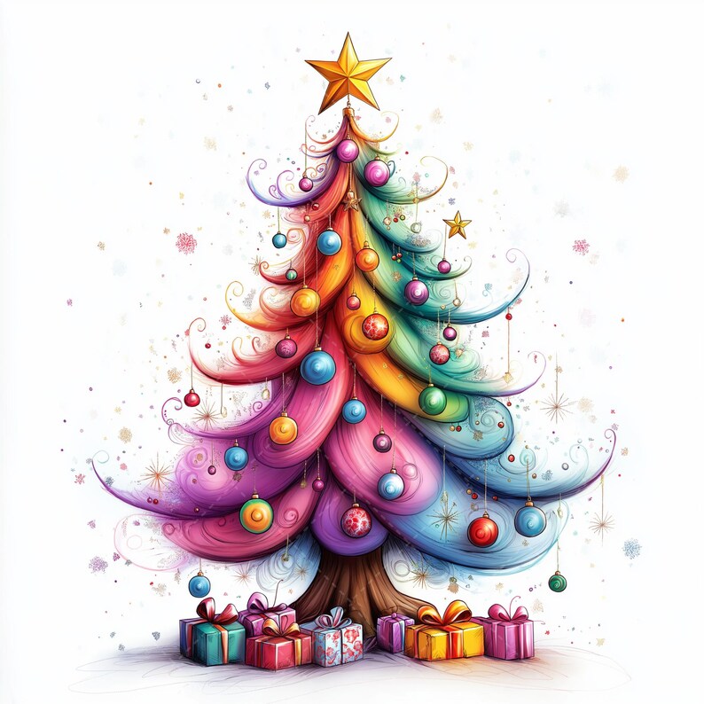 16 Whimsical Christmas Tree Clipart, Quirky Christmas Clipart, JPG ...