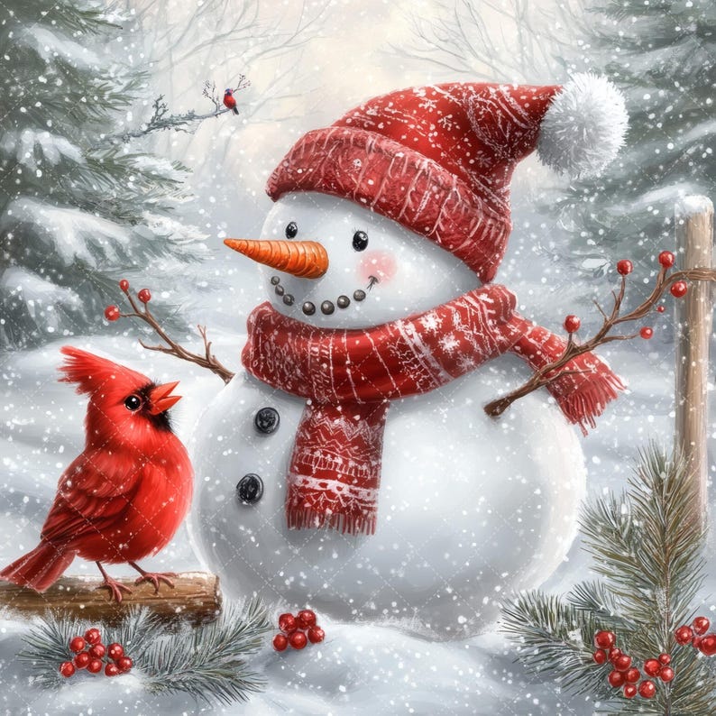 Snowman With Cardinal Clip Art Bundle 30 High Res Watercolor Jpgs Junk ...
