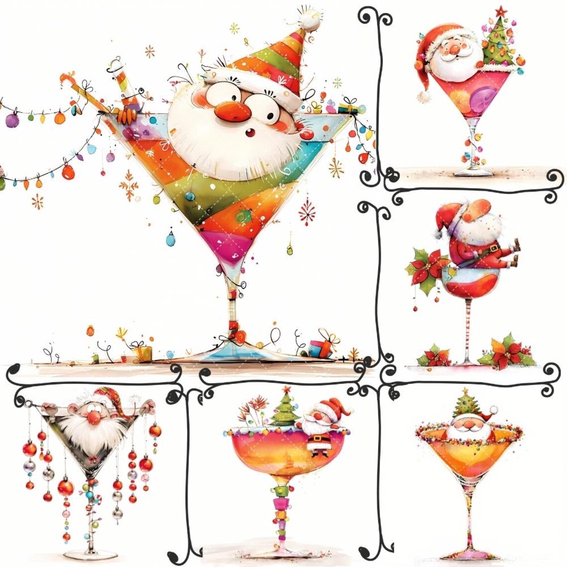 29 Quirky Santa in Cocktail Christmas Clipart, Planners Holiday Cards ...