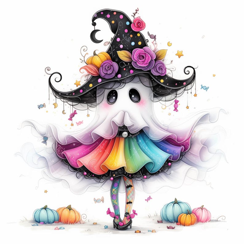 Cute Ghost Halloween Clipart, Girl Halloween Clipart, Pastel Watercolor ...