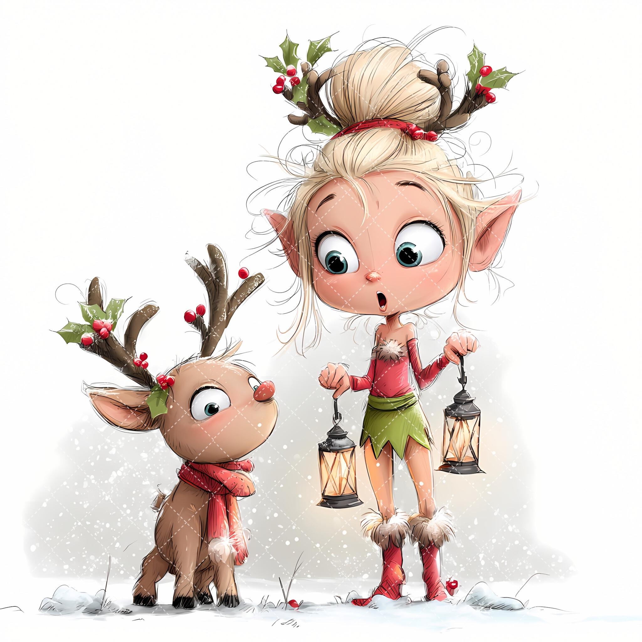 Elf and Reindeer Christmas Clipart: Festive Holiday Graphics (digital ...