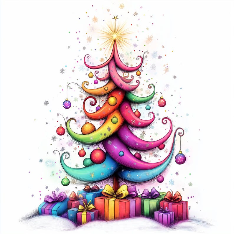 16 Whimsical Christmas Tree Clipart, Quirky Christmas Clipart, JPG ...