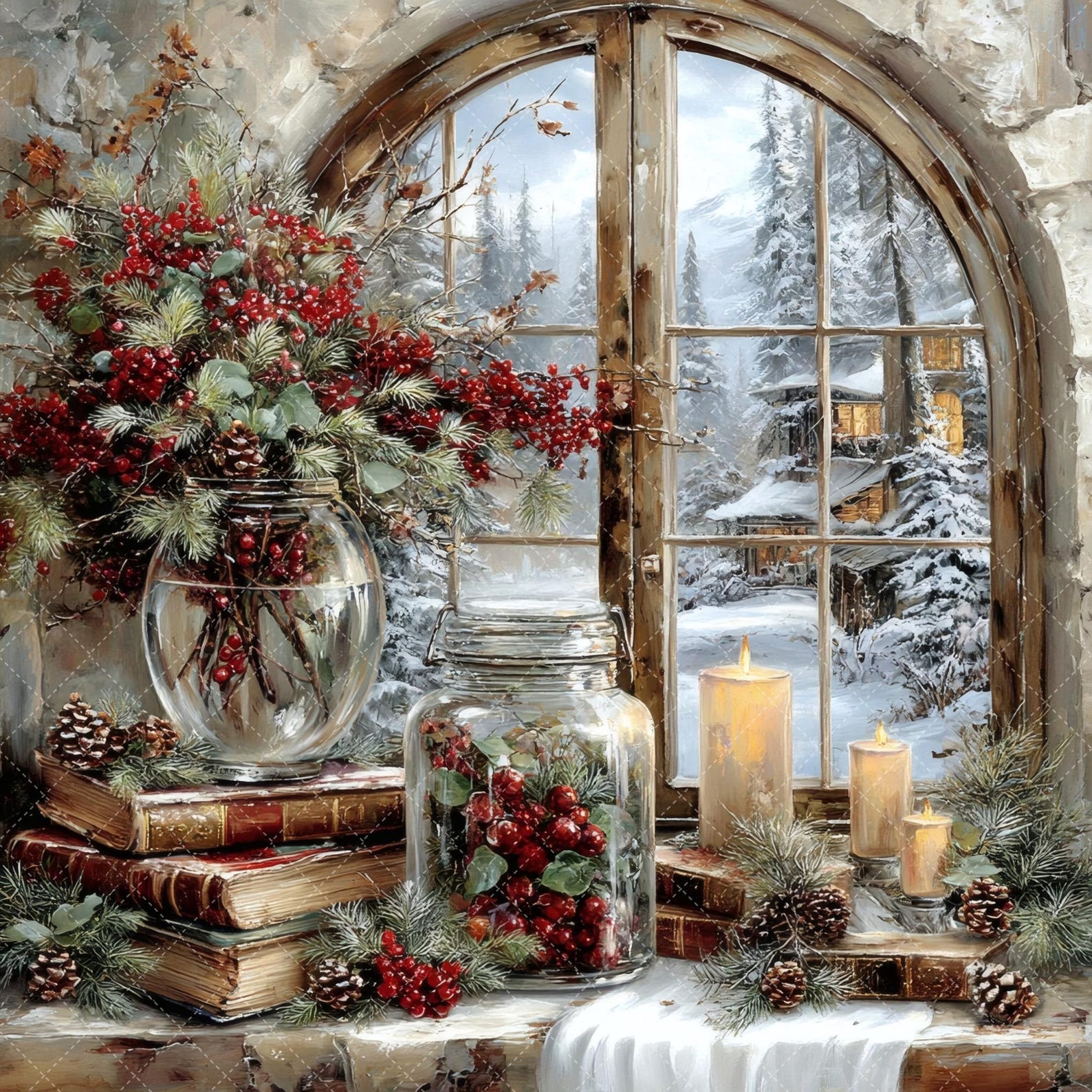 30 Watercolor Vintage Christmas Window | Printable Watercolor Clipart ...