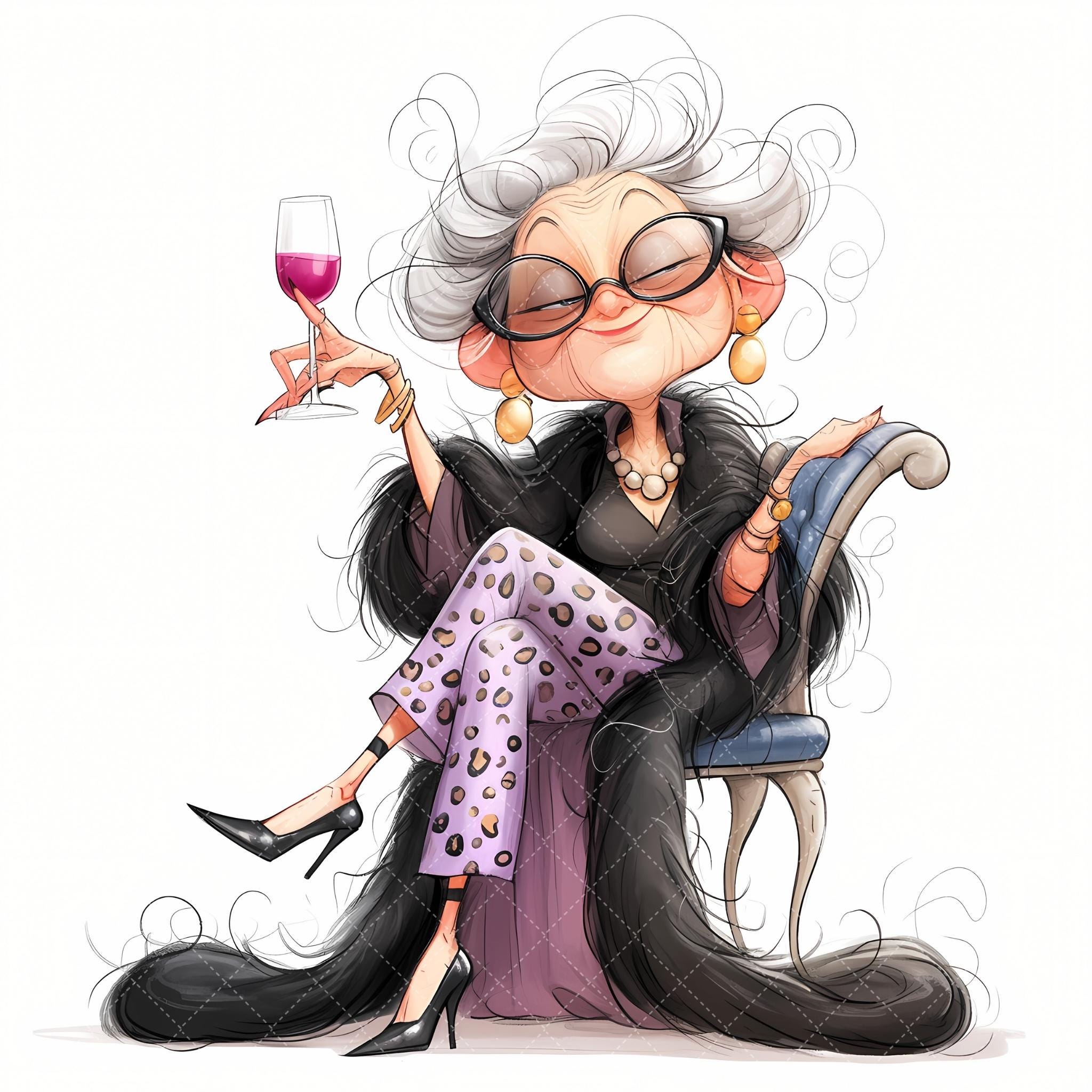 22 Funny Old Ladies Clip Art JPEG, Stylish Grandmas Illustration ...