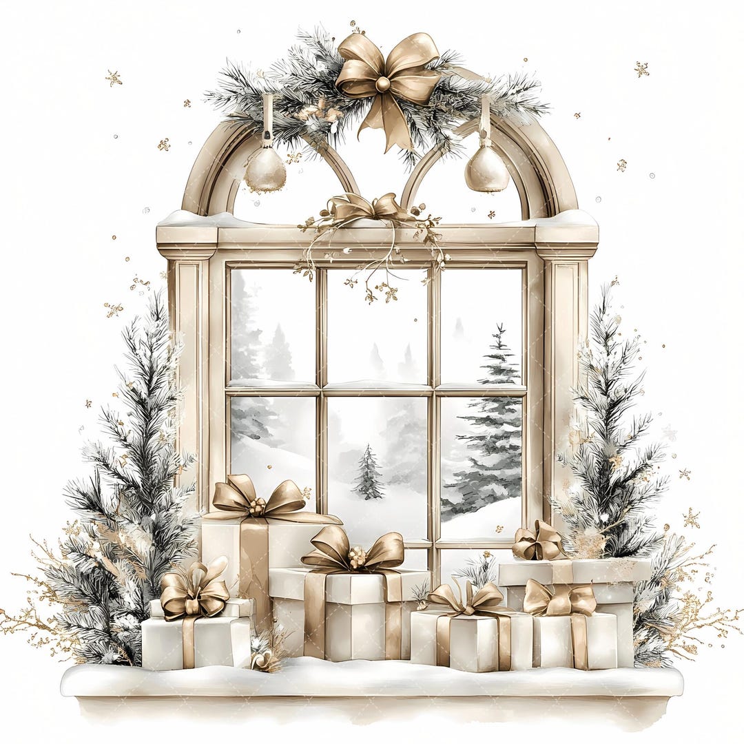 45 Snowy Christmas Window Clipart, Gold Window Decoration, Printable ...