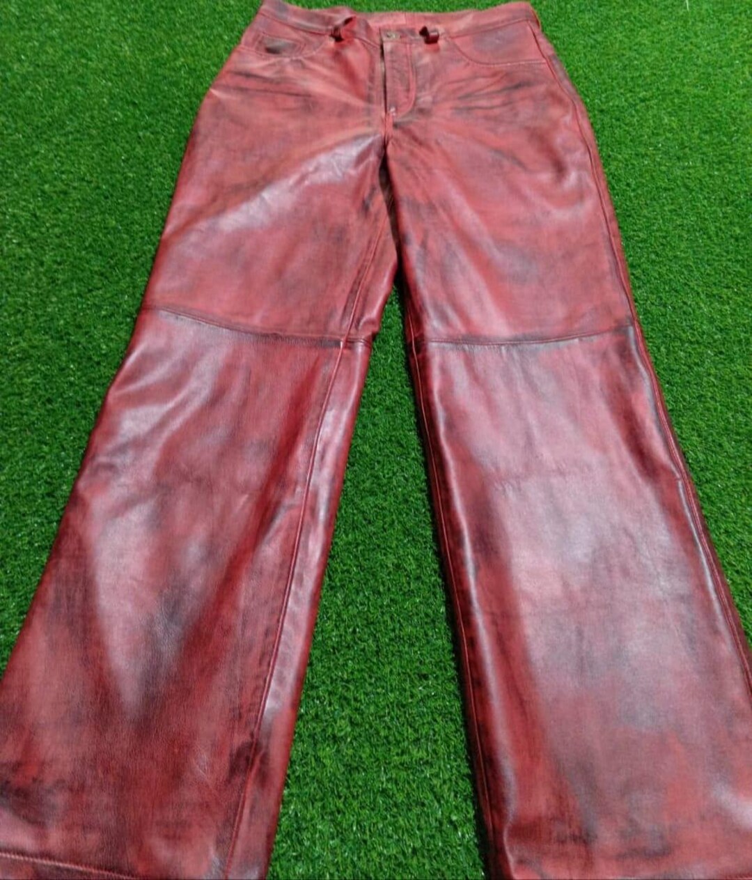 Vintage Red Leather Pants – Distressed Finish, Unisex, Retro Style - Etsy