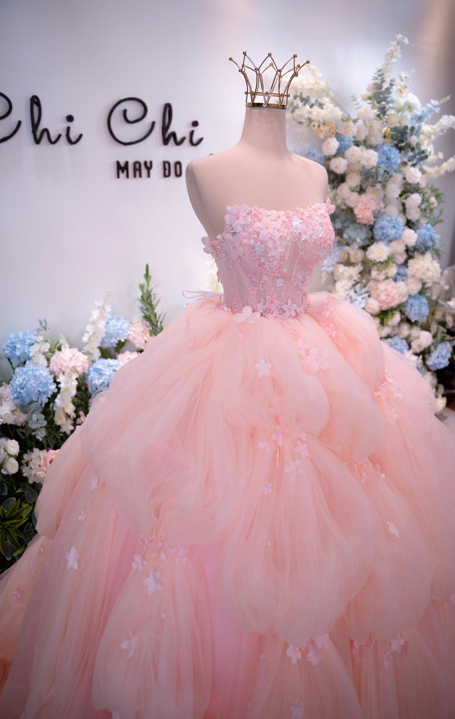 Pink Ball Gown Wedding Dress, Princess Tulle Bridal Gown With Floral ...