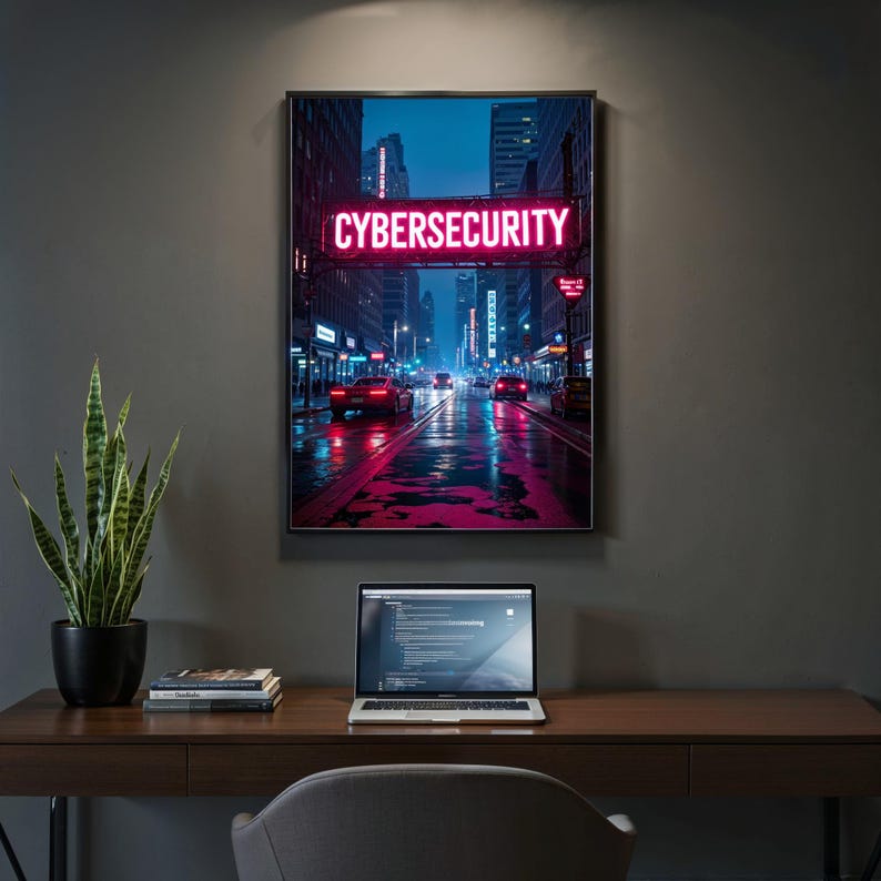 Cyberpunk Cybersecurity Neon Poster: Futuristic Office Wall Art ...