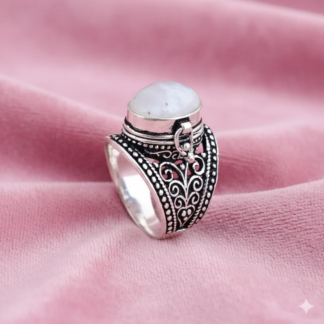 Moonstone Poison Box Ring, Silver Locket Ring, Hidden Compartment Ring ...