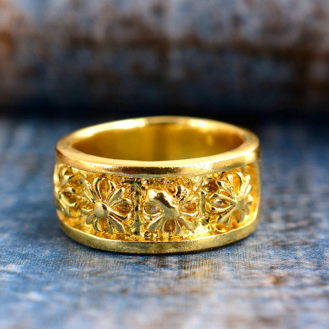 Gold Flower Band Ring, Wide Floral Statement Ring, Vintage Inspired ...