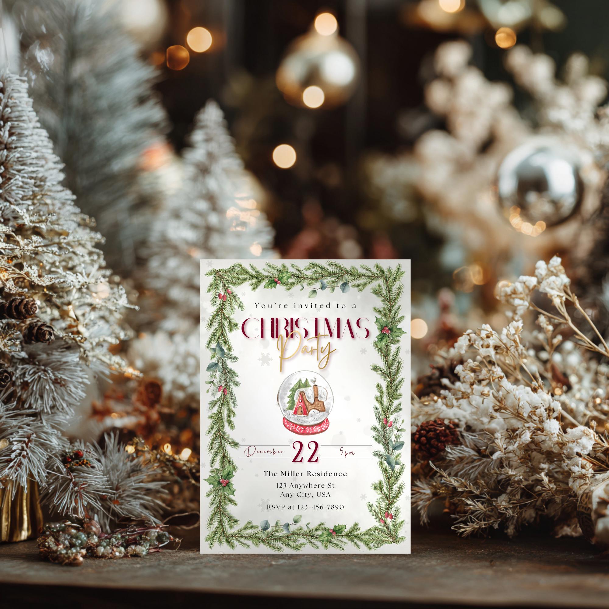 Christmas Party Invitation Template | Green Snow Globe Winter Holiday ...
