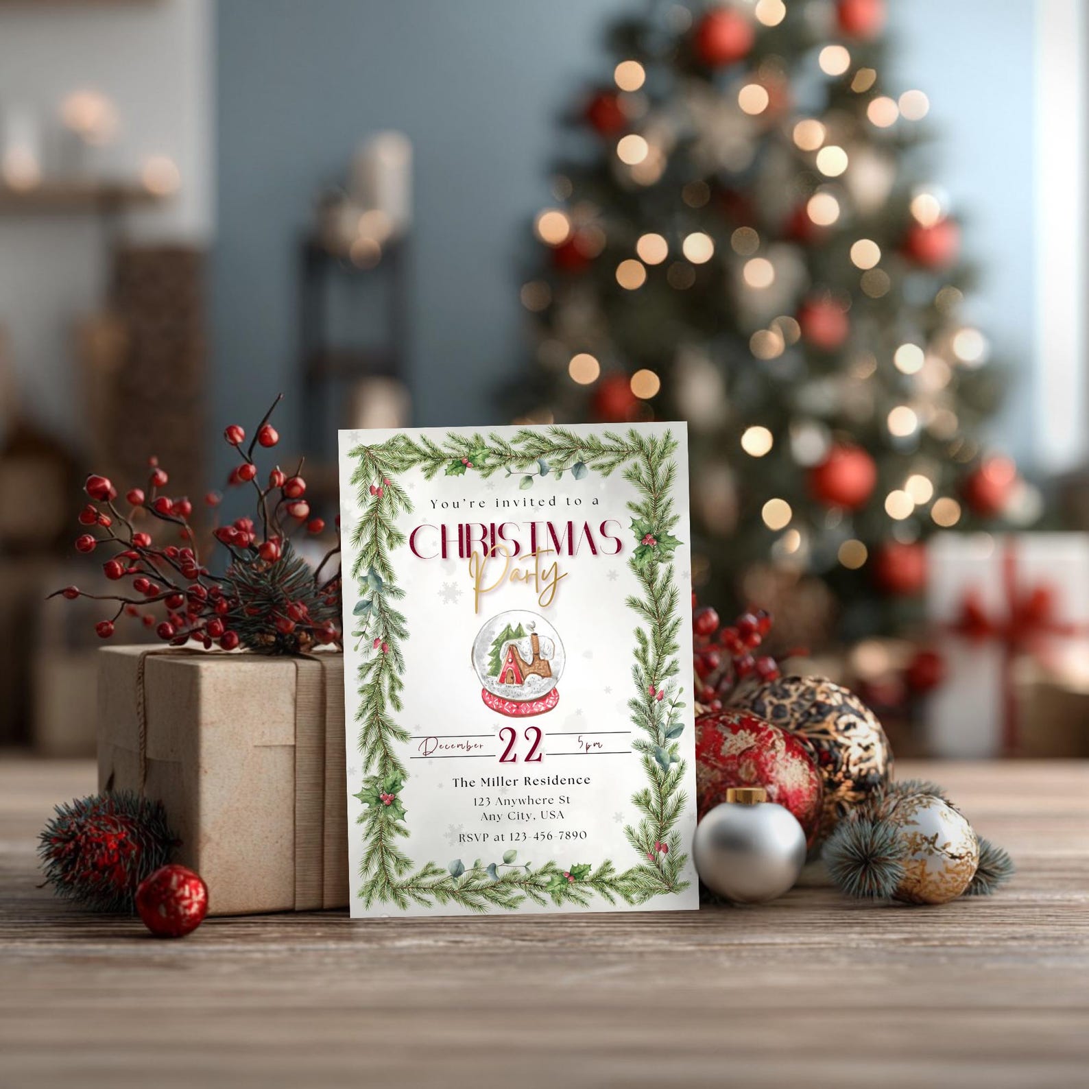 Christmas Party Invitation Template | Green Snow Globe Winter Holiday ...