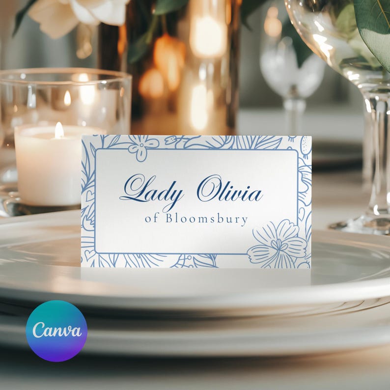 Blue Floral Regency Name Cards | Elegant Place Card, Food Label ...