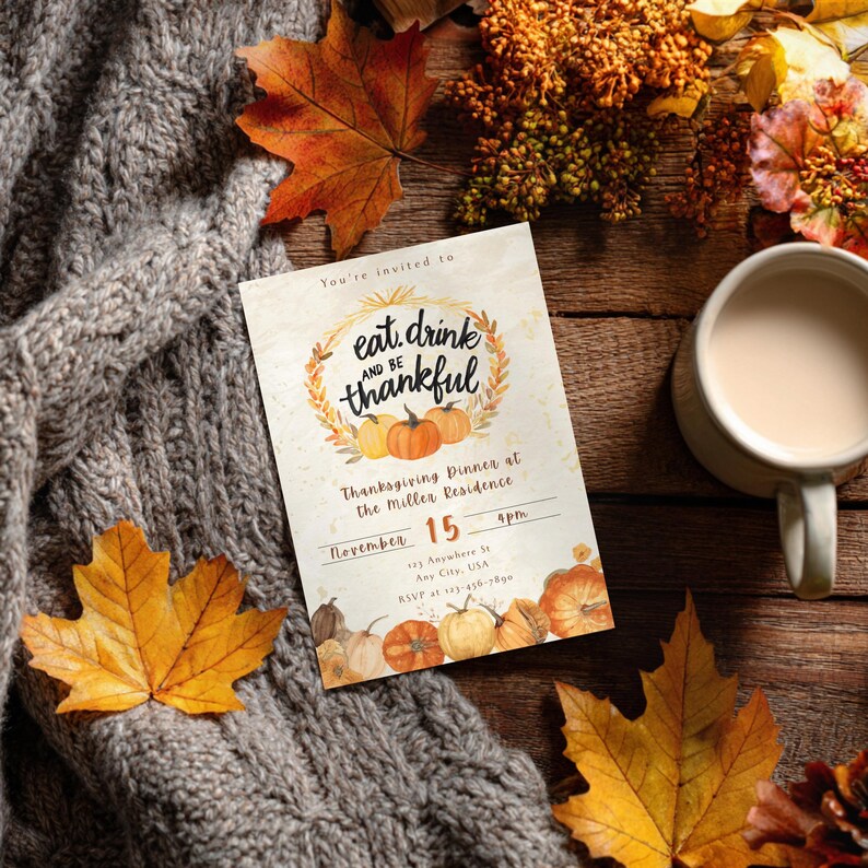 Eat, Drink, and Be Thankful Invitation and Evite Template | Editable ...