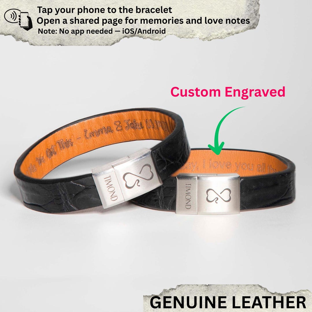 Handmade Leather Couple Bracelets Set: Engraved NFC Valentine's ...