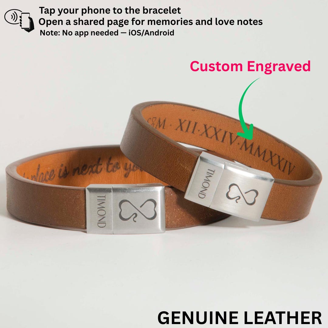 Engraved Shell Cordovan Leather Couples Bracelet Set, NFC Love Space - Etsy