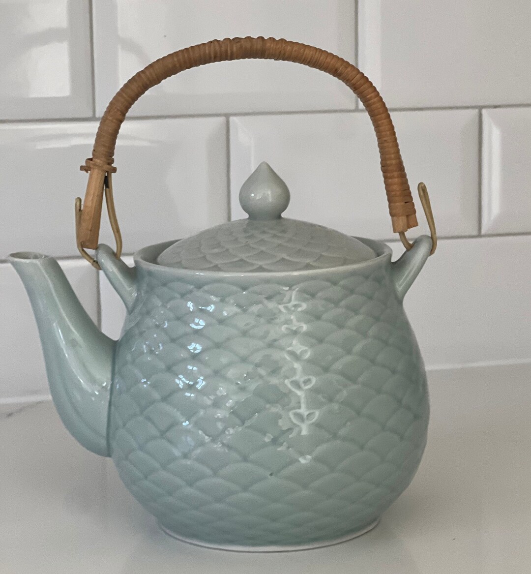 Shafford Fine Porcelain Teapot: Light Blue Fish Scale Design, Wrapped ...