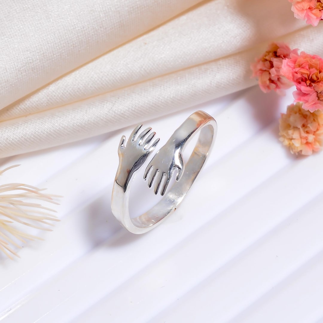 Sterling Silver Hug Ring: Adjustable Open Hand Band, Friendship Jewelry ...