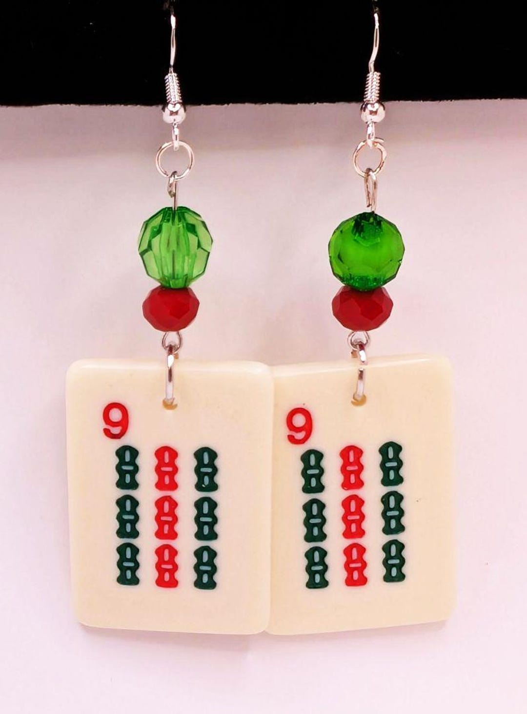 Mahjong Tile Dangle Earrings, Red & Green Beaded, Upcycled - Etsy