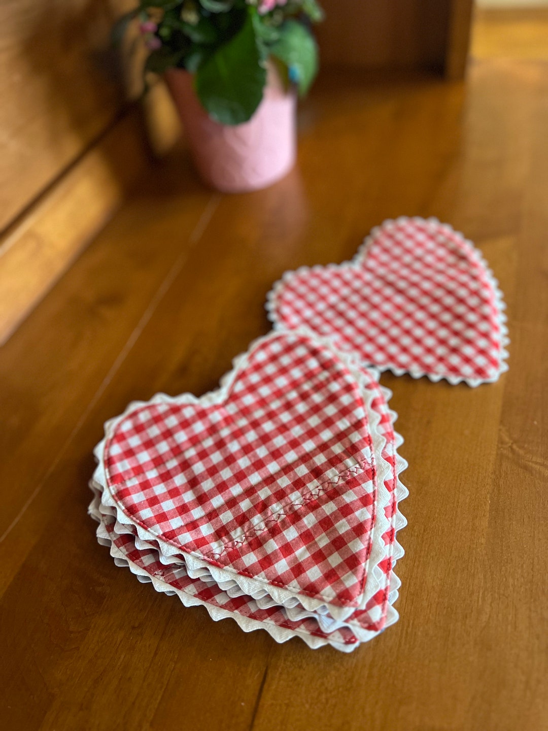 Heart Shaped Red Gingham Coasters, Gingham and Denim Repurposed, Retro Style Coasters - Etsy