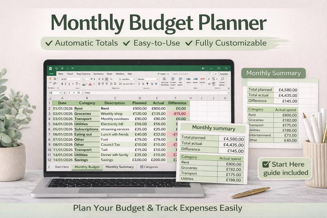 Excel Monthly Budget Planner | Personal Finance Spreadsheet | Expense ...