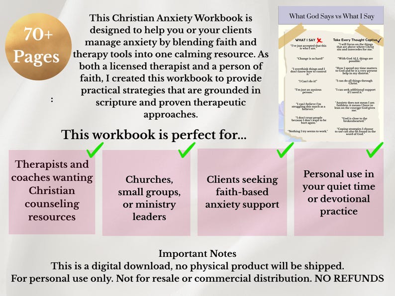 Christian Anxiety Workbook: Faith-based Therapy Journal (PDF Printable ...
