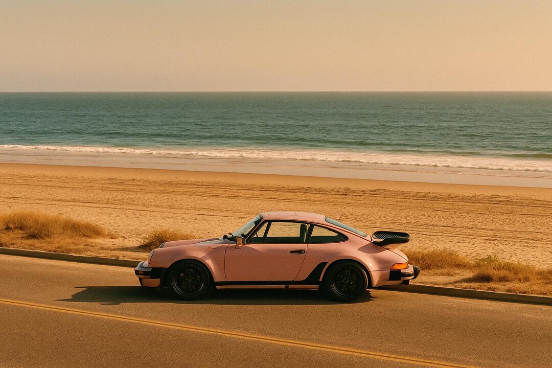Retro Porsche 930 Beach Poster - Pink Wide Body at Californian Beach ...