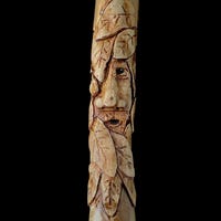 Hand Carved Tree Spirit Walking Stick, Leather Wrapped Handle - Etsy