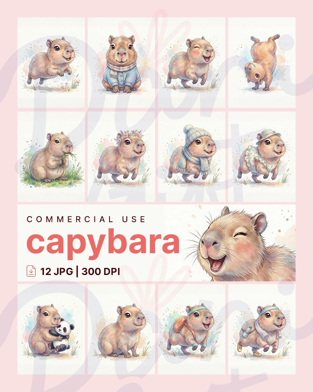 Capybara Clipart Set Watercolor Style, 12 Pack Capybara Illustrations ...