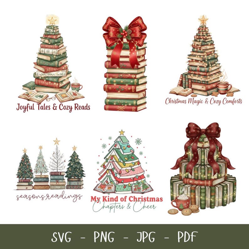 Christmas Book Stack PNG Bundle: Holiday Reading Designs (digital ...