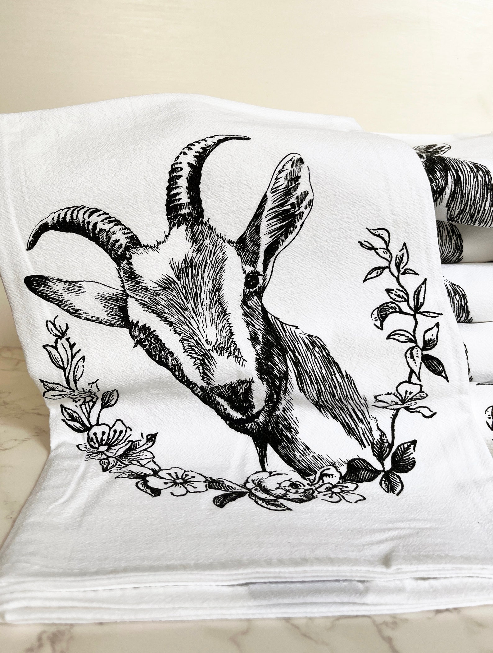 Goat With Flowers Cotton Kitchen Towel - Farmhouse Decor - Etsy