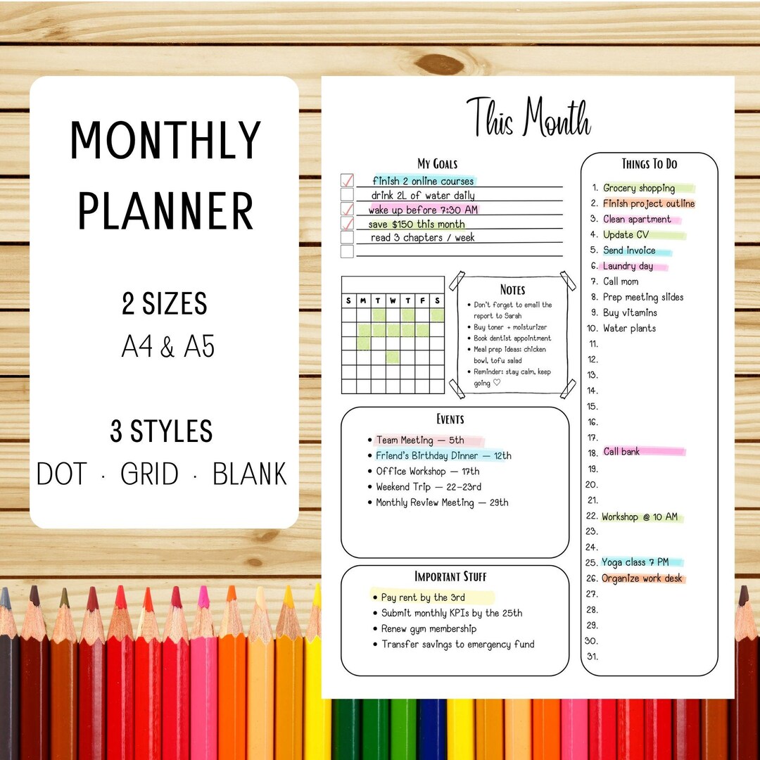 Undated Monthly Planner, Goal Tracker Printable, Productivity Dashboard ...