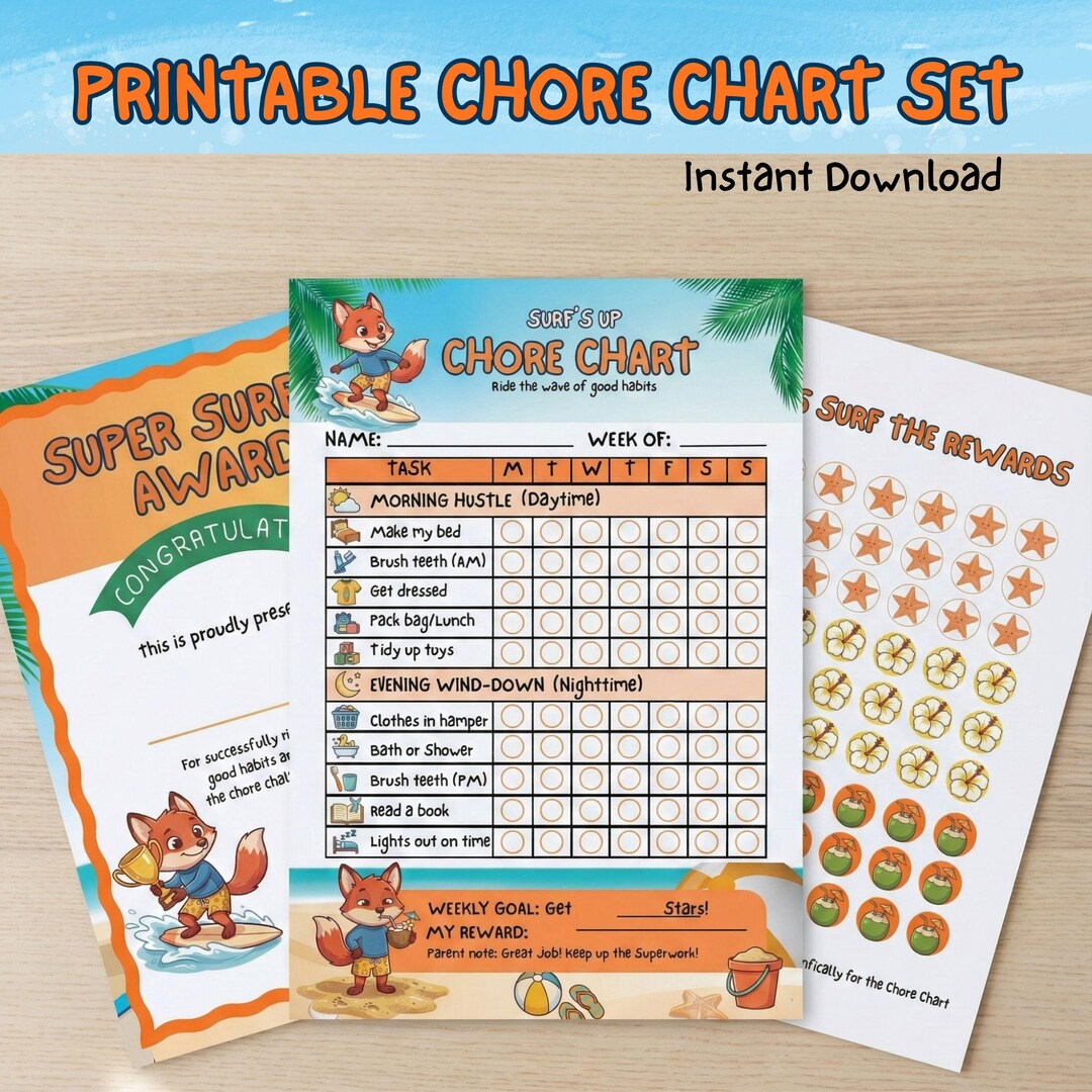Fox Surfer Chore Chart Bundle, Kids Routine, Sticker Reward System (PDF ...