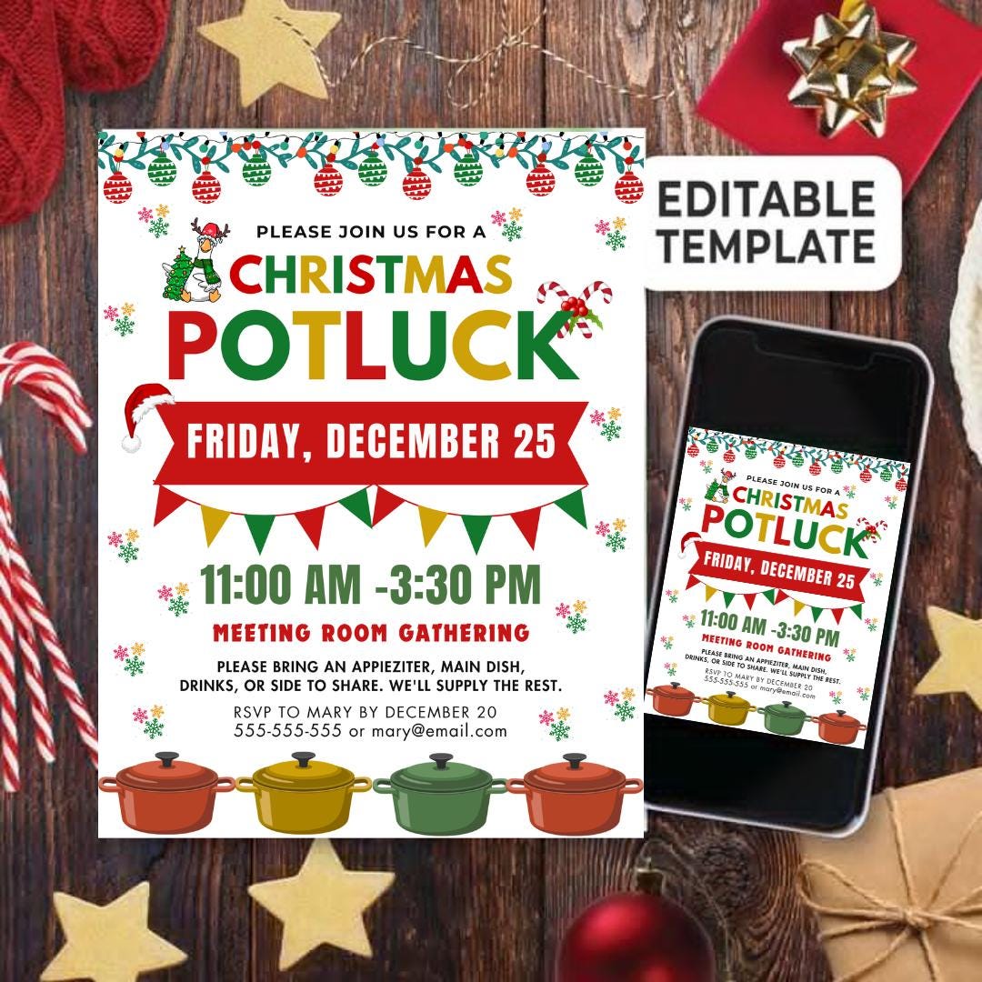 Editable Christmas Potluck Flyer | Holiday Party Invitation (canva ...