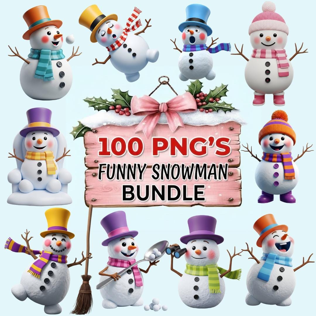 Funny Snowman Clipart Bundle 100 PNG, Snowman PNG, Cute Cartoon Snowman ...