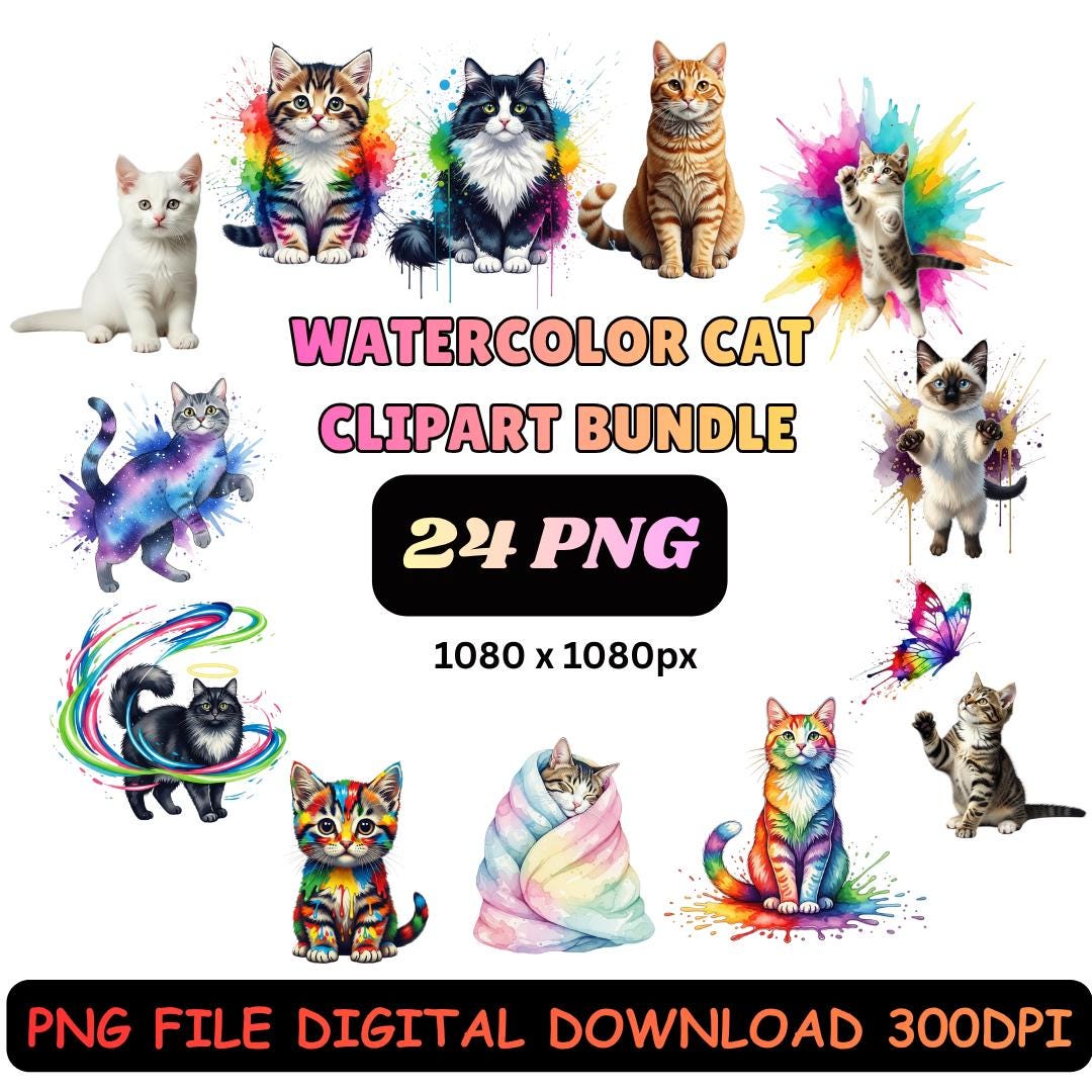 Rainbow Cat Clipart: Whimsical PNG Bundle for Kids Decor (24 Pngs) - Etsy