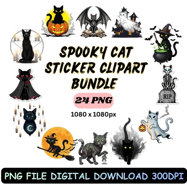 Spooky Cat Clipart Bundle – Halloween PNG Stickers (digital Download ...